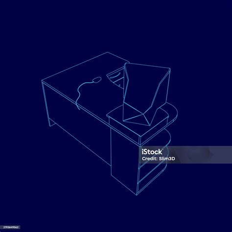 컴퓨터 모니터가 있는 파란색 컴퓨터 책상 책상은 비어 있고 다른 물건이 없습니다 0명에 대한 스톡 벡터 아트 및 기타 이미지