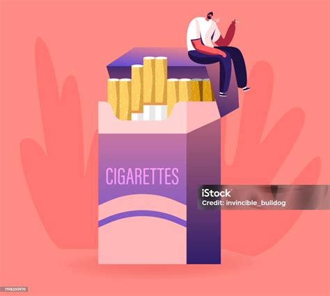 건강에 해로운 습관 흡연 니코틴 담배 중독 개념 거대한 담배 상자와 흡연에 앉아 작은 남성 캐릭터 흡연자 라이프 스타일의