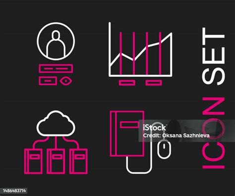 마우스 클라우드 또는 온라인 라이브러리 파이 차트 인포그래픽 및 계정 만들기 화면 아이콘이 있는 라인 전자 책을 설정합니다 벡터 개념에 대한 스톡 벡터 아트 및 기타 이미지