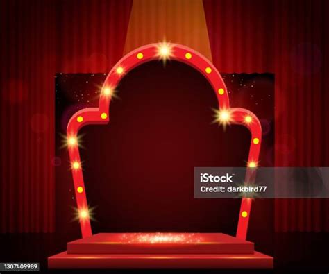 빨간색 커튼 연단 및 복고풍 아치 배너배경 프리젠 테이션 콘서트 쇼를위한 디자인 Fashion Show에 대한 스톡 벡터 아트 및 기타 이미지 Fashion Show