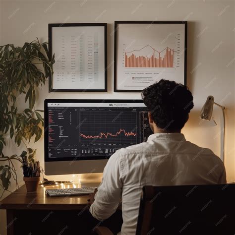 A Man Is Sitting At A Desk With A Computer Screen Showing A Graph Graph