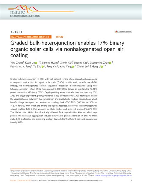 Pdf Graded Bulk Heterojunction Enables 17 Binary Organic Solar Cells Via Nonhalogenated Open