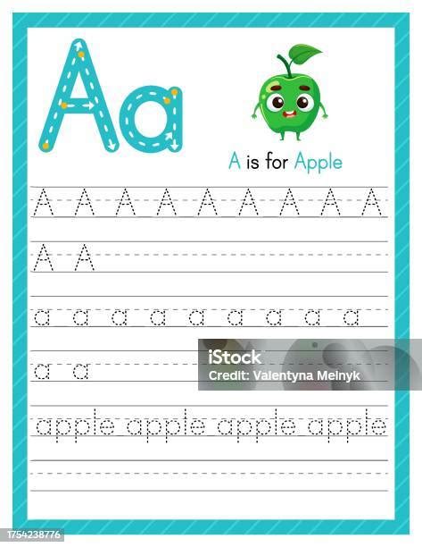 추적 문자 대문자와 소문자입니다 만화 사과로 영어를 배우는 아이들을 위한 알파벳 추적 연습 유치원 워크시트 유아원 유치원의 활동
