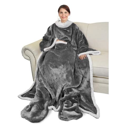 Sherpa Wearable Blanket With Sleeves And Foot Pockets For Adult Women Men