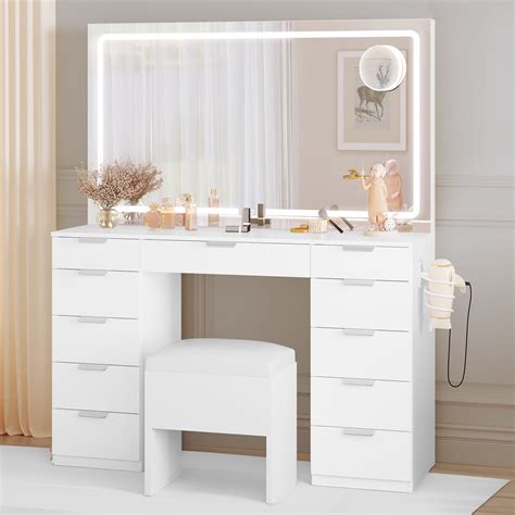 Dextrus Elegant Vanity Desk Set With Large Led Mirror And Power Outlet Makeup Vanity With 11