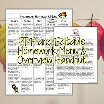 Homework 3rd Grade November Editable Monthly Homework Menu And 35