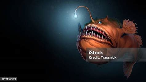 어두운 푸른 물 현실적인 그림 예술의 배경에 낚시꾼 물고기 아구에 대한 스톡 벡터 아트 및 기타 이미지 아구 물고기 깊은 Istock