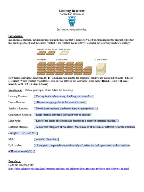Limiting Reactant Virtual Lab Pdf Chemical Reactions Chemical