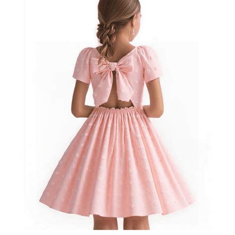 Hileelang Tween Girl Dress Short Sleeve Summer Light Pink Casual Tie