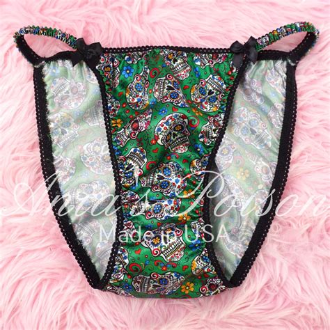 Halloween Classic 80s Cut Satin Panties Green Sugar Skulls Lace