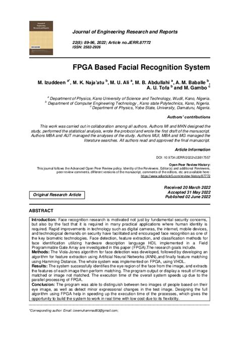 pdf fpga based facial recognition system