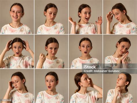 Different Facial Expressions Set Portraits Of Teen Cover Girl 12 Year