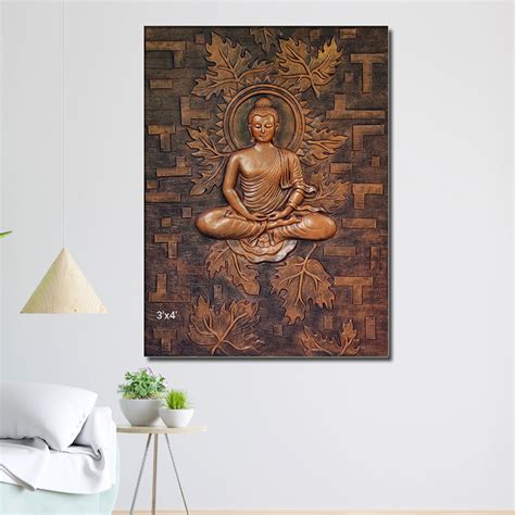 Gautam Buddha Brick Pattern 3d Elevation Fiber Relief Mural Wall Art