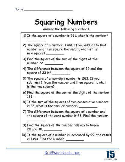 squaring numbers worksheets algebraic number sense 15