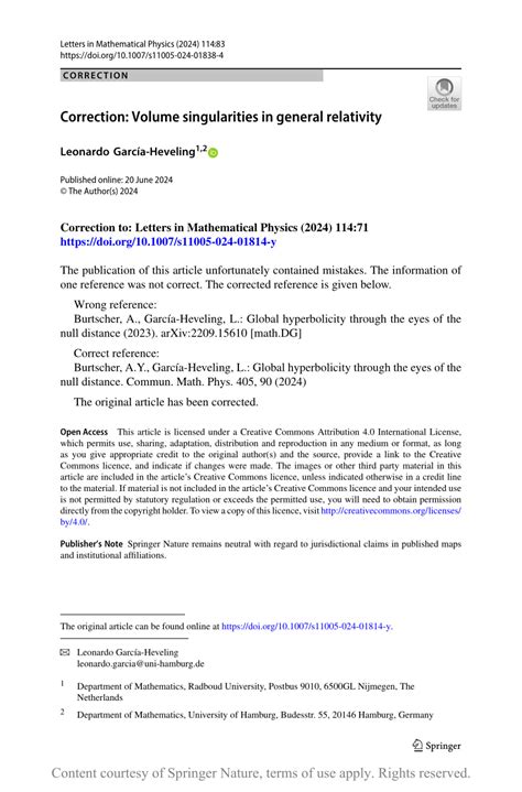 Pdf Correction Volume Singularities In General Relativity