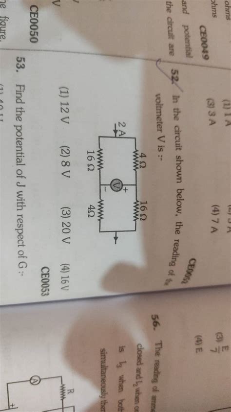 52 In The Circuit Shown Below The Reading Of The Voltmeter V Is 1 1