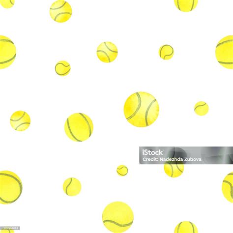 수채화 테니스 공 완벽 한 패턴입니다 노란 공 스포츠 장비 스포츠 이벤트 장식 법원 장식 배너 디자인 어린이 포장지를 위해 흰색에 고립 된 손으로 그린 그림 드리블 스포츠에