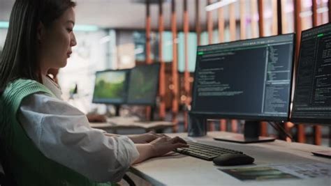 Female Asian Game Programmer Coding On Desktop Computer In Game Development Studio Diverse Female Asian Game Programmer Coding On Desktop Computer In Game Development Studio Diverse