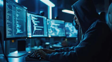Person In A Hooded Jacket From Behind Working On A Computer With Multiple Screens Displaying
