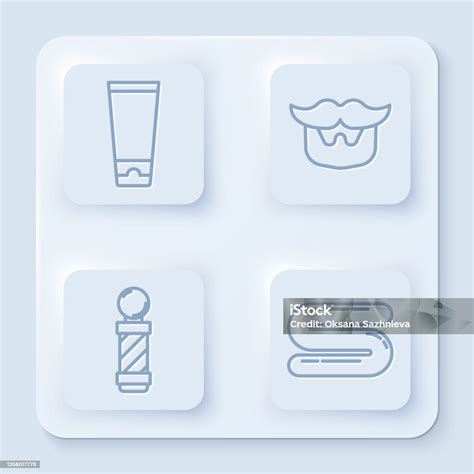 세트 라인 크림 또는 로션 화장품 튜브 콧수염과 수염 클래식 이발소 장대와 수건 흰색 정사각형 버튼 벡터 고풍스런에 대한 스톡 벡터 아트 및 기타 이미지 Istock