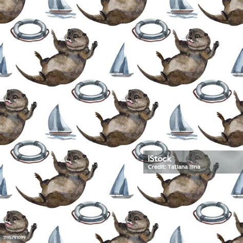 수달 손으로 장식 배경을 그리는 수채화 원활한 패턴 섬유 천 벽지 스크랩북 인쇄 경외감에 대한 스톡 벡터 아트 및 기타 이미지 경외감 귀여운 긍정적인 감정 표현