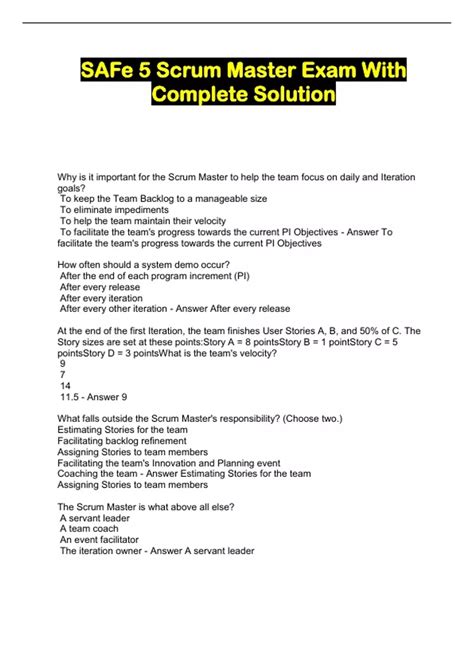 Safe 5 Scrum Master Exam With Complete Solution Safe 5 Scrum Master Stuvia Us