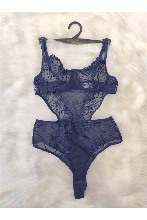 Kadın Lacivert Transparan Dantel Detaylı Bodysuit Seksi Brode İç Çamaşırı