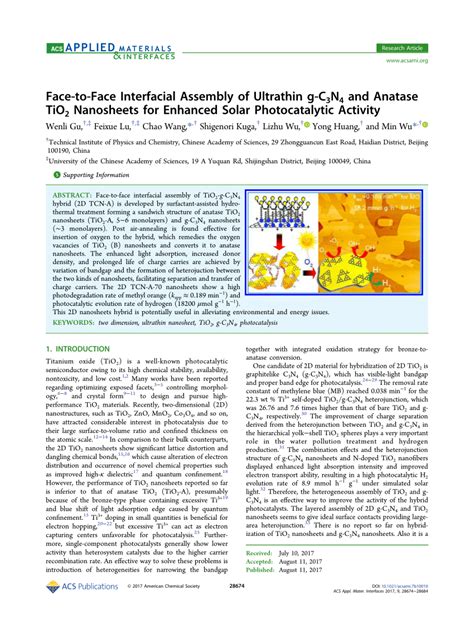 Pdf Face To Face Interfacial Assembly Of Ultrathin G C3n4 And Anatase Tio2 Nanosheets For