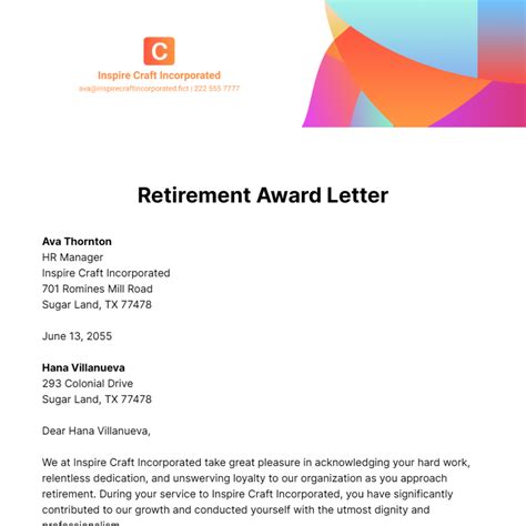 Retirement Award Letter Template Edit Online And Download Example