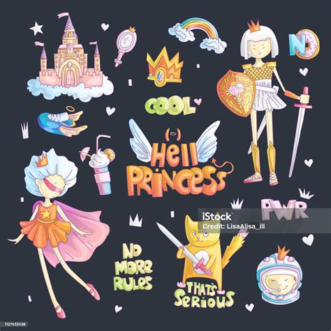용감한 말괄량이 지옥 공주 벡터 만화 설정합니다 공주 마법과 페미니즘 일러스트 레이 션 작은 십 대 소녀 공주 슈퍼 히어로 전사