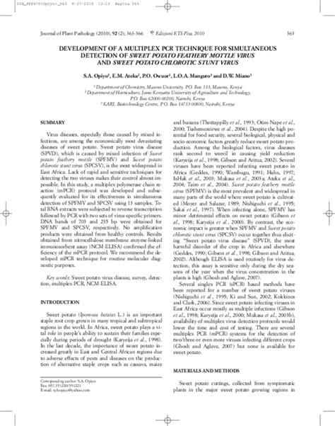 Pdf Development Of A Multiplex Pcr Technique For Simultaneous Detection Of Sweet Potato