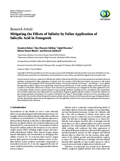 Pdf Foliar Salicylic Acid Mitigates Salinity Stress In Fenugreek