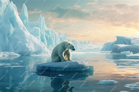 흰 북극곰은 지구 온난화 생성 Ai를 향한 북극해의 녹는 빙원에 앉아 있습니다 프리미엄 사진