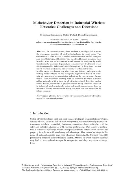 Pdf Misbehavior Detection In Industrial Wireless Networks Challenges
