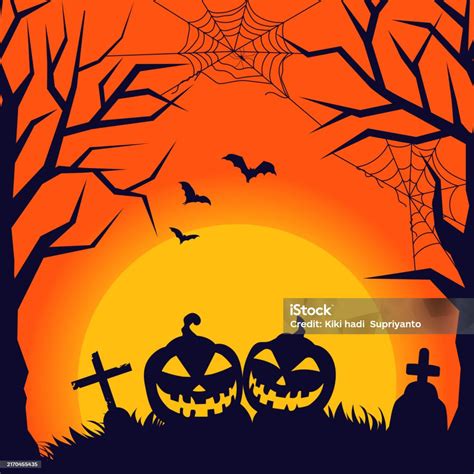 으스스한 할로윈 실루엣 배경 호박 나무 묘지 및 거미 둥지 디자인 고립 10월에 대한 스톡 벡터 아트 및 기타 이미지 10월 가을 개체 그룹 Istock