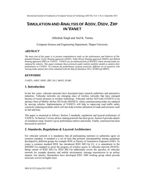 Simulation And Analysis Of Aodv Dsdv Zrp In Vanet Pdf
