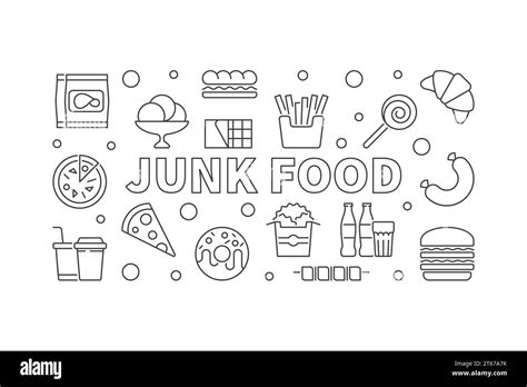 Junk Food Horizontal Banner Vector Unhealthy Food Concept Illustration In Thin Line Style Stock
