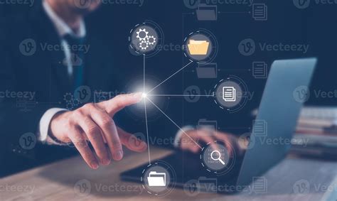 Document Management System DMS Businessman Working On Computer Laptop Folder Document Icon