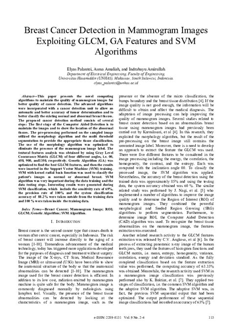 Pdf Breast Cancer Detection In Mammogram Images Exploiting Glcm Ga Features And Svm Algorithms