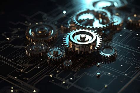 Digital Gear Wheels On Circuit Board High Technology Engineering Generative Ai Stock