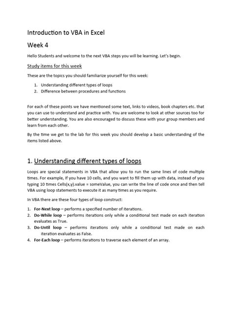 Vba Week 4 Guide Pdf Parameter Computer Programming Control Flow