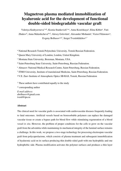 Pdf Magnetron Plasma Mediated Immobilization Of Hyaluronic Acid For