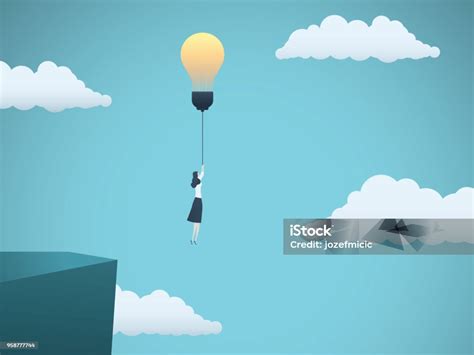 전구를 절벽에서 비행 하는 비즈니스 여자와 비즈니스 창의력 벡터 개념 혁신 발명 솔루션 혁신 야망 동기 부여의 상징 개념에 대한