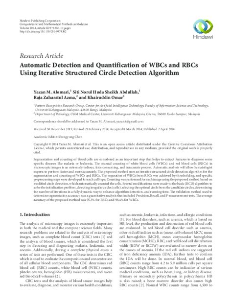 Pdf Automatic Detection And Quantification Of Wbcs And Rbcs Using Iterative Structured Circle