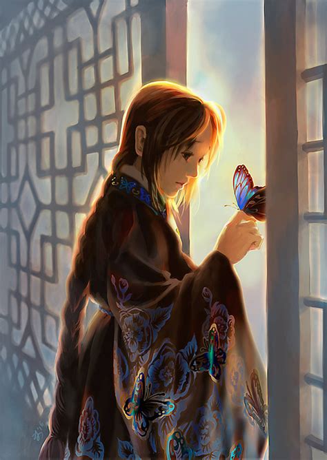 Фото Девушка в ханбоке с бабочкой на руке стоит у двери By Keiiii