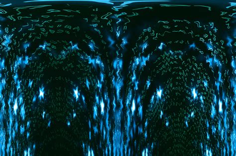 블루 그린 매트릭스 디지털 배경입니다 왜곡 된 사이버 공간 개념 녹색 문자가 아래로 떨어집니다 기호 스트림에서 행렬입니다 가상 현실 디자인 복잡 한 알고리즘 데이터 해킹