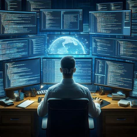 Programmer Working With Global Network And Multiple Computer Screens Showing Source Code Stock