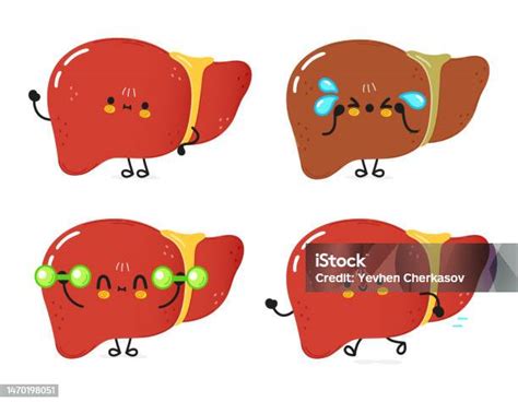 재미있는 간 캐릭터 번들 세트 벡터 손으로 그린 낙서 스타일 만화 캐릭터 그림 아이콘 디자인 귀여운 간 마스코트 캐릭터 컬렉션 간 내부 기관에 대한 스톡 벡터 아트 및 기타