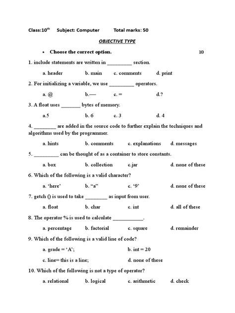 Class10 Subject Computer Total Marks 50 Objective Type Pdf C