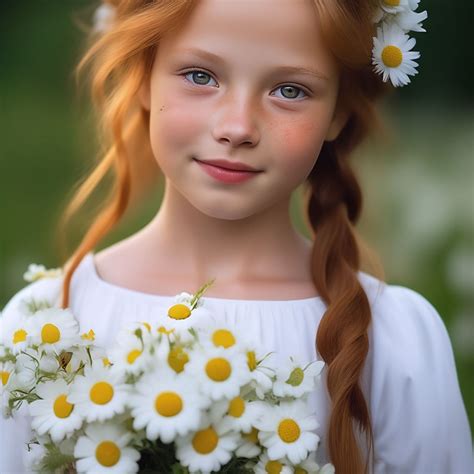 «Милая девушка славянской внешности маленький нос много веснушек ромашки белое платье
